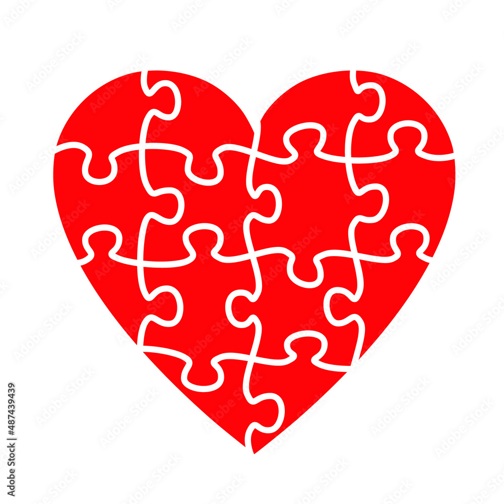 Vector red heart. The heart is assembled from a puzzle. Broken into ...