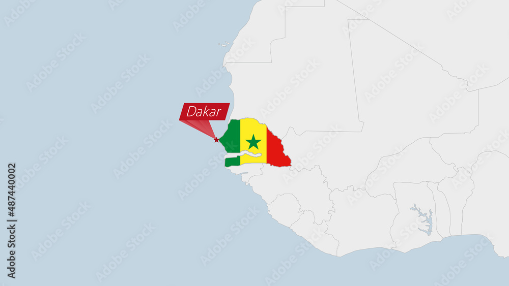 Senegal map highlighted in Senegal flag colors and pin of country ...