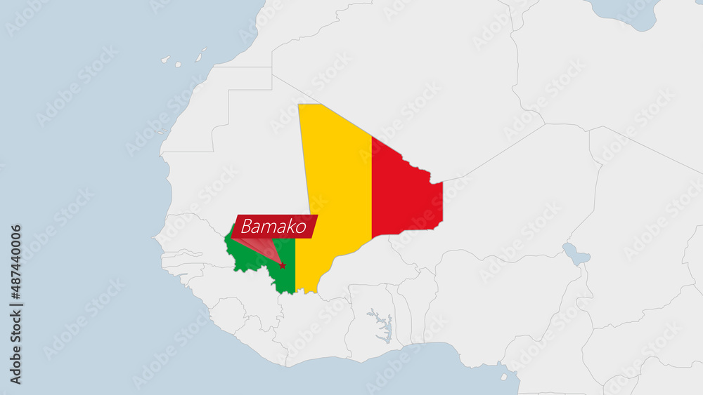 Mali map highlighted in Mali flag colors and pin of country capital ...
