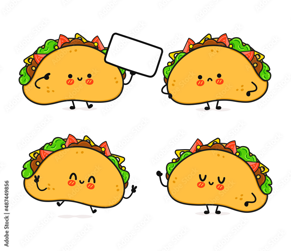 Funny cute happy taco characters bundle set. Vector kawaii line cartoon ...