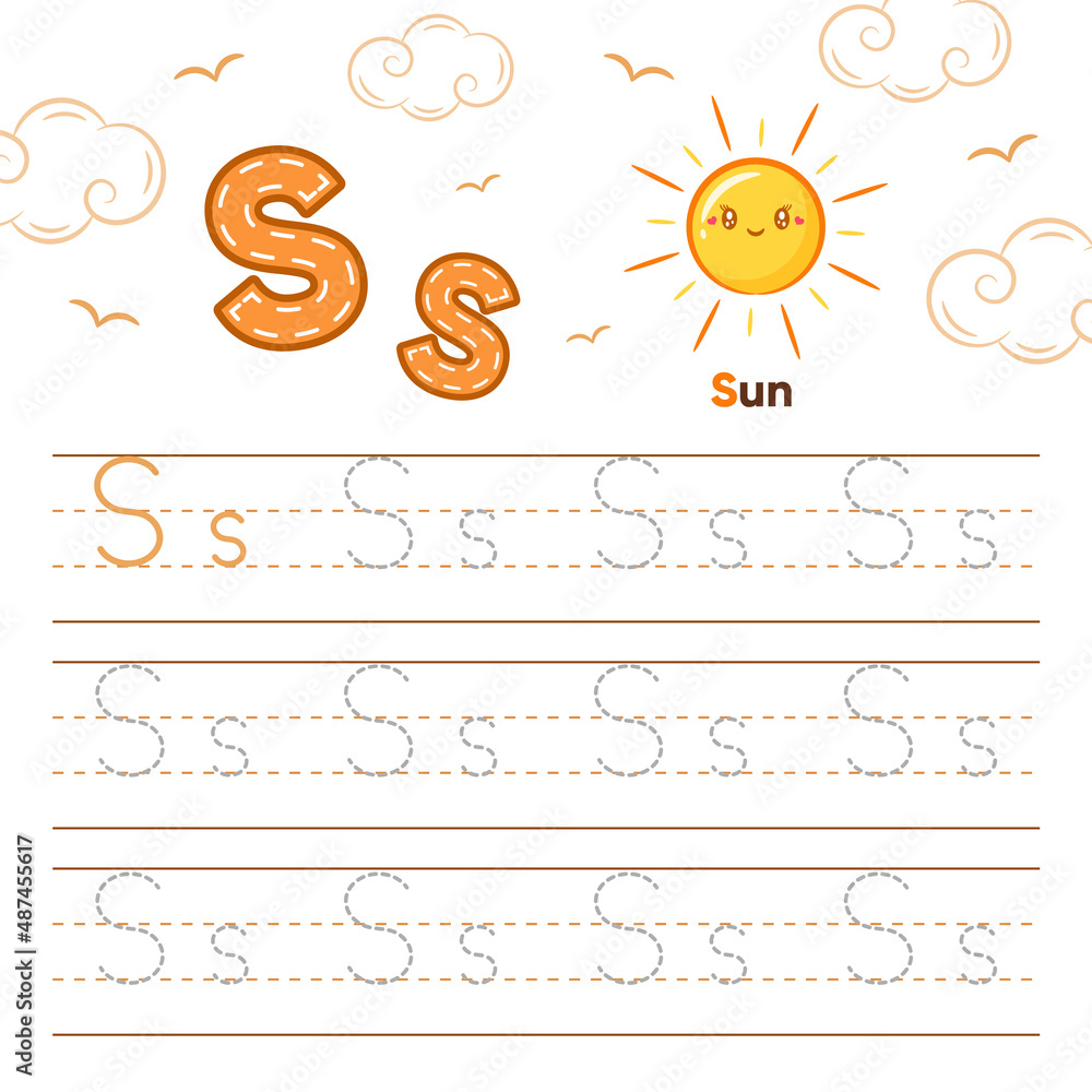 Alphabet worksheet letter S learning with cute sun drawing Stock Vector ...