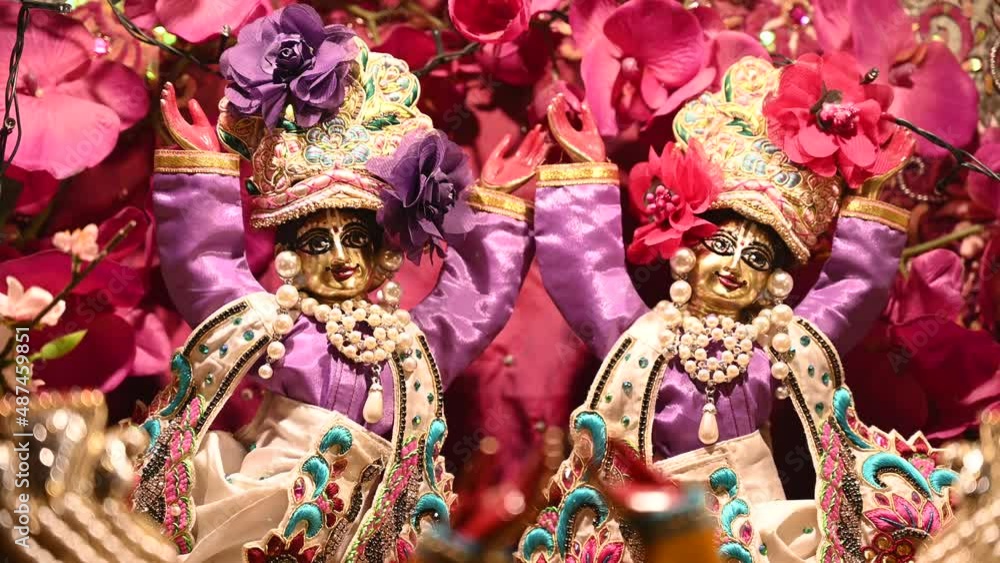 Altar in the Hare Krishna temple, close up. Deities. Home altar for ...