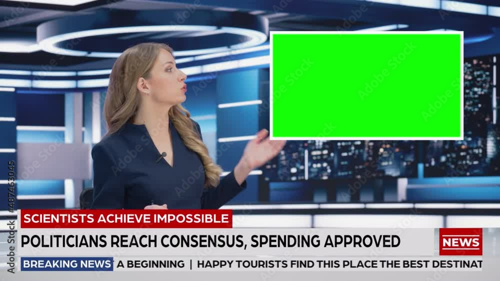 Newsroom TV Studio Live News Program: Caucasian Female Presenter ...