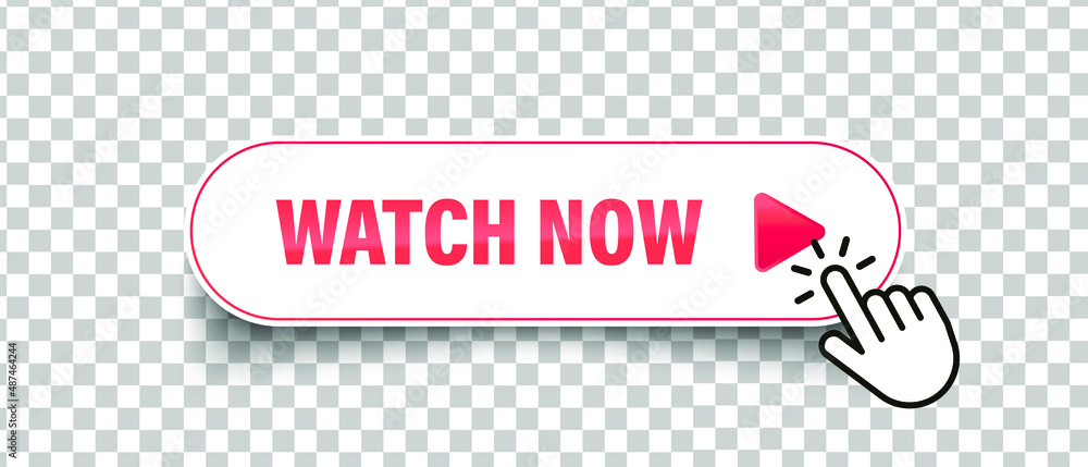 Watch now with cursor hand in flat vector button. Video play icon ...