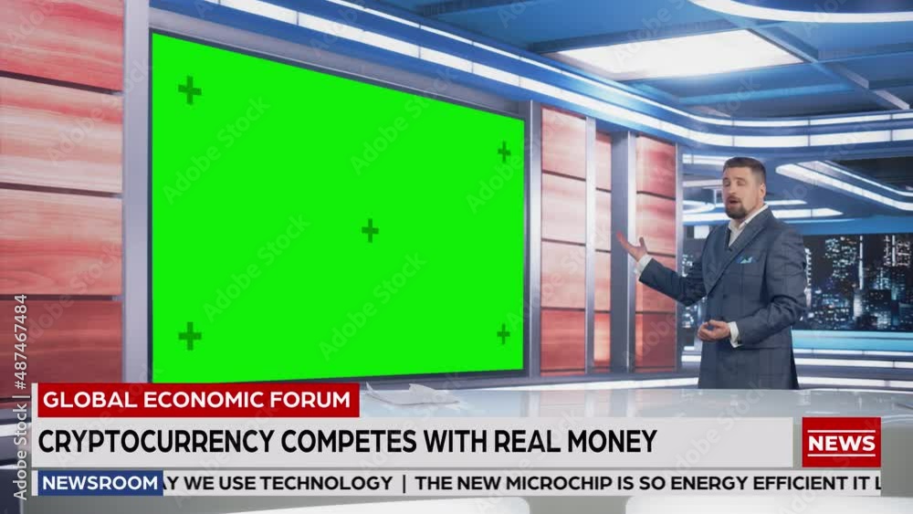 Newsroom TV Studio Live News Program: Caucasian Male Presenter ...