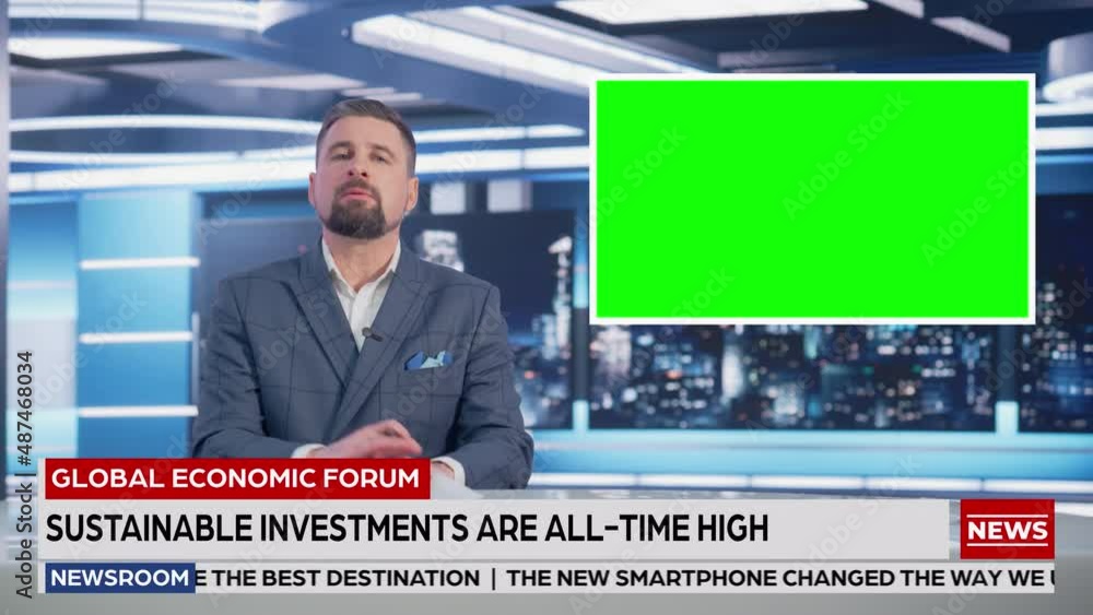 Newsroom TV Studio Live News Program: Caucasian Male Presenter ...