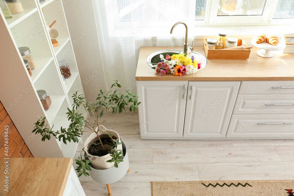 Interior of kitchen with flowers in sink near window Stock Photo ...