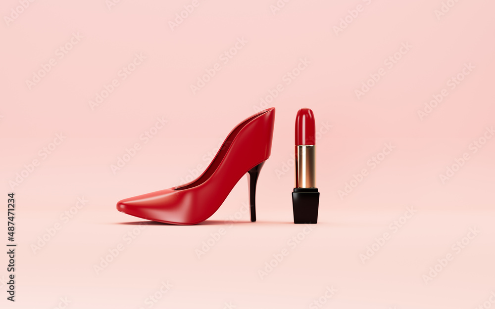 Lipsticks and high heels with pink background, 3d rendering. Stock ...