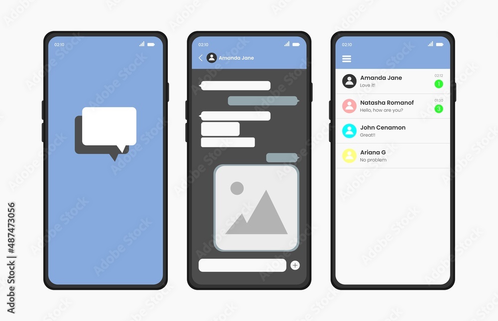 chat app ui template design for phone, messenger application prototype ...