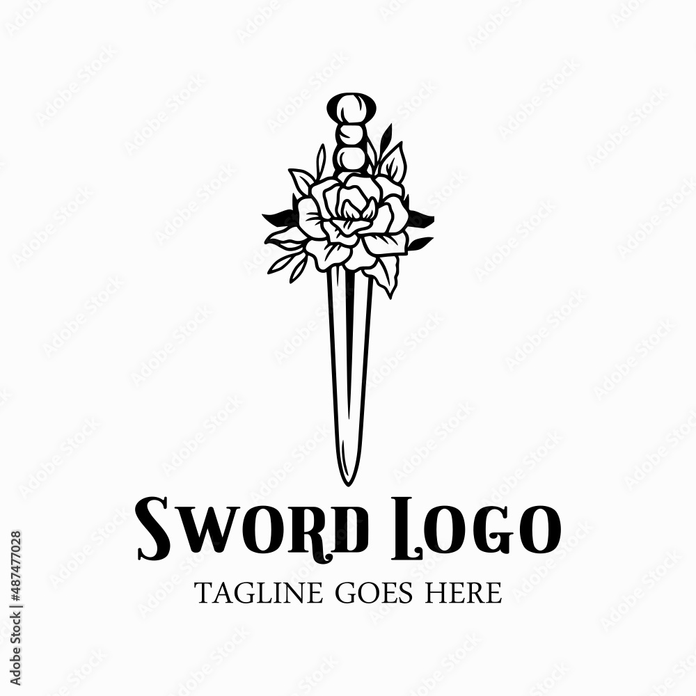 Sword logo with flower, sword design vector, sword icon silhouette art ...