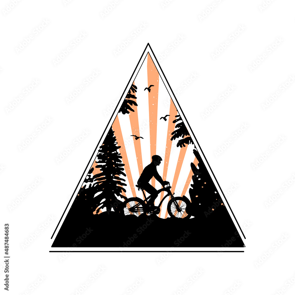 riding bikes vector silhouette logo. cyclist, trees, orange sun rays in ...
