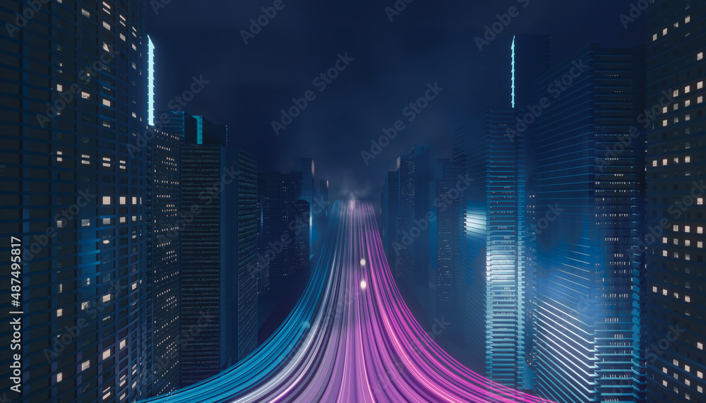 Light Trial effect way with dark neon building technology background ...