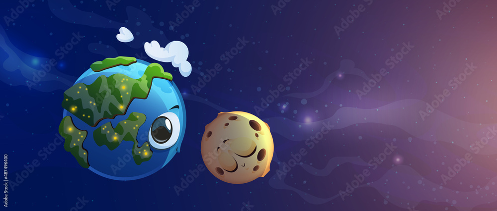 Earth and Moon cartoon characters in space with stars and milky way ...
