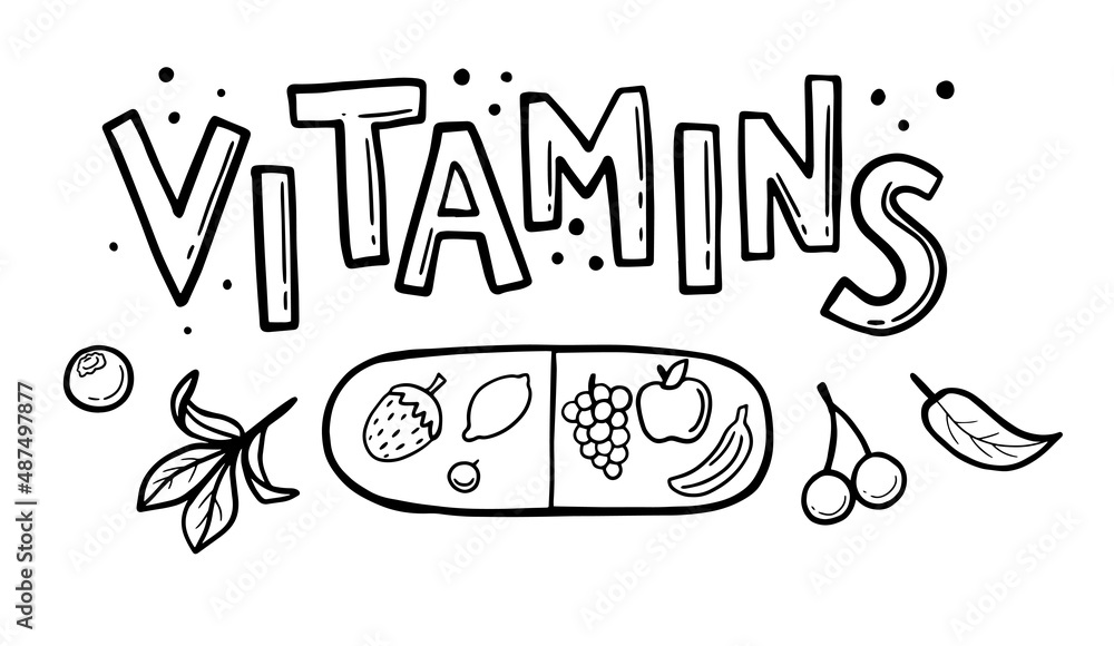 Vitamins lettering text. Positive summer quote. Black handwritten ...