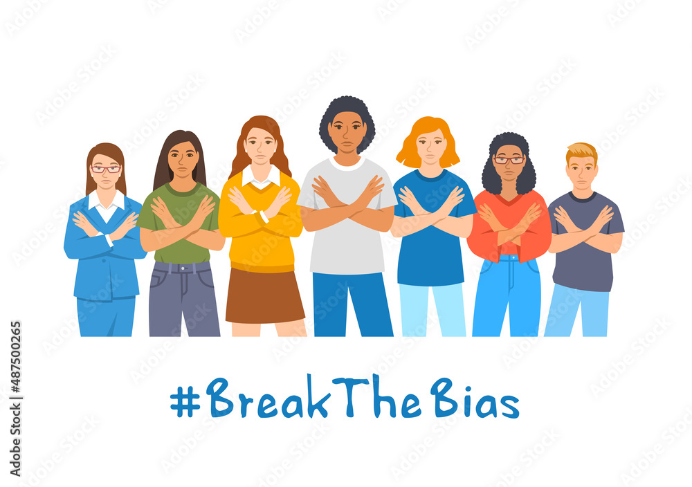 Break the bias campaign. Diverse women stand with crossed arms to stop ...