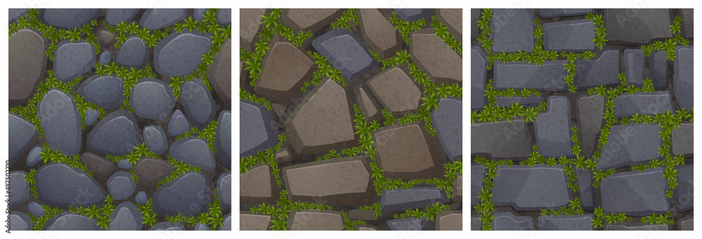 Textures of stone floor and wall with green moss for game background ...