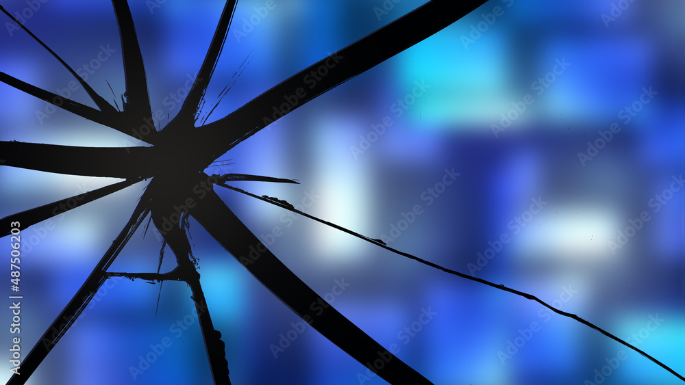 Broken screen. Black cracks on blue display. Breakdown and trouble ...