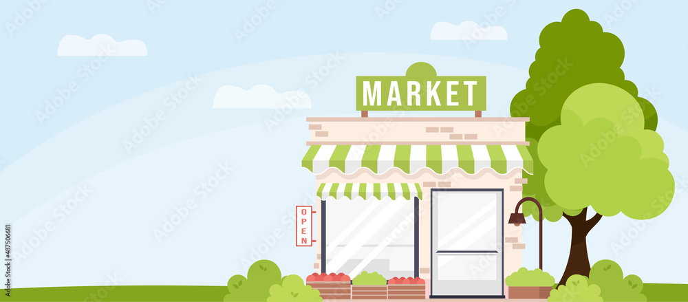 Cute cartoon market facade, sunny day, blue sky, green tree and shrubs ...