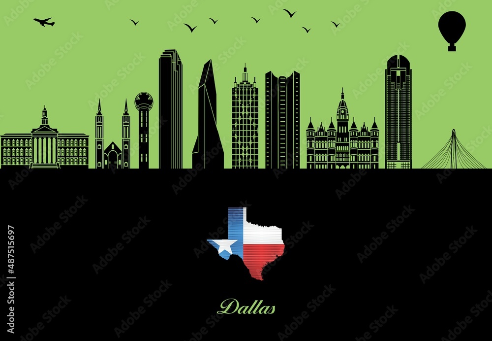 Dallas city skyline silhouette - illustration, Town in Green background ...