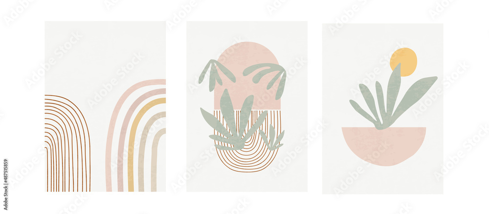 Vecteur Stock Set of three pastel posters with foliage, rainbow and ...