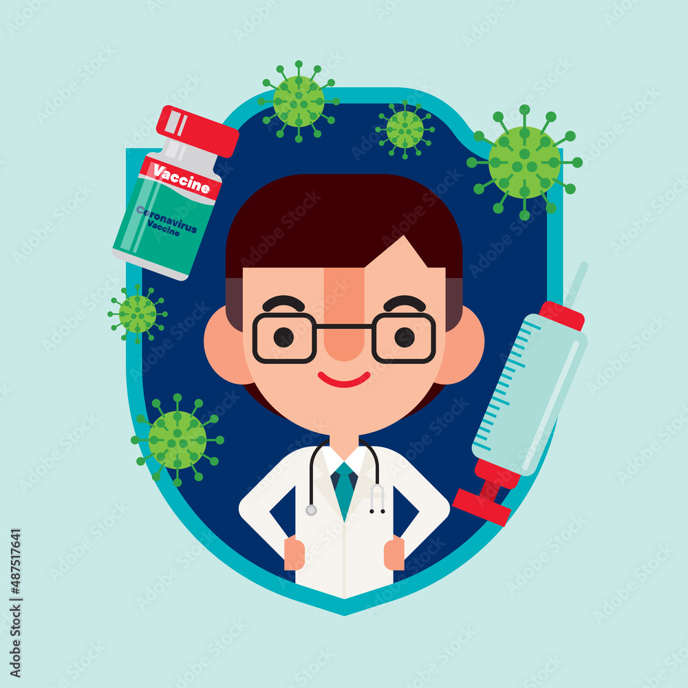 Flat design cartoon doctor stay inside shield with vaccine bottle and ...