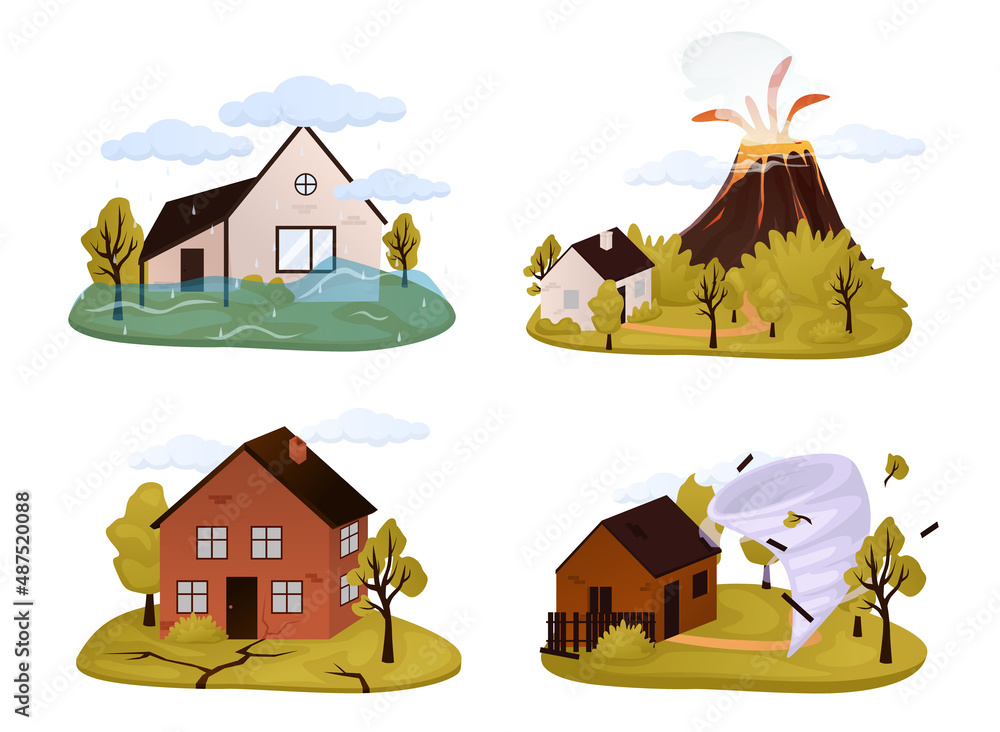 Natural disaster, catastrophe set of vector illustrations with tornado ...