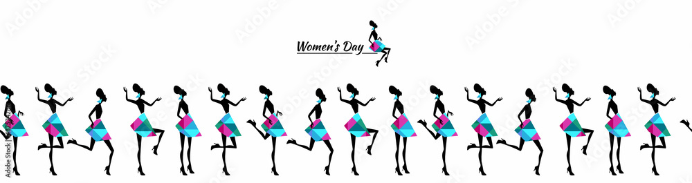 Seamless border, woman's day banner of colorful girl silhouettes in ...