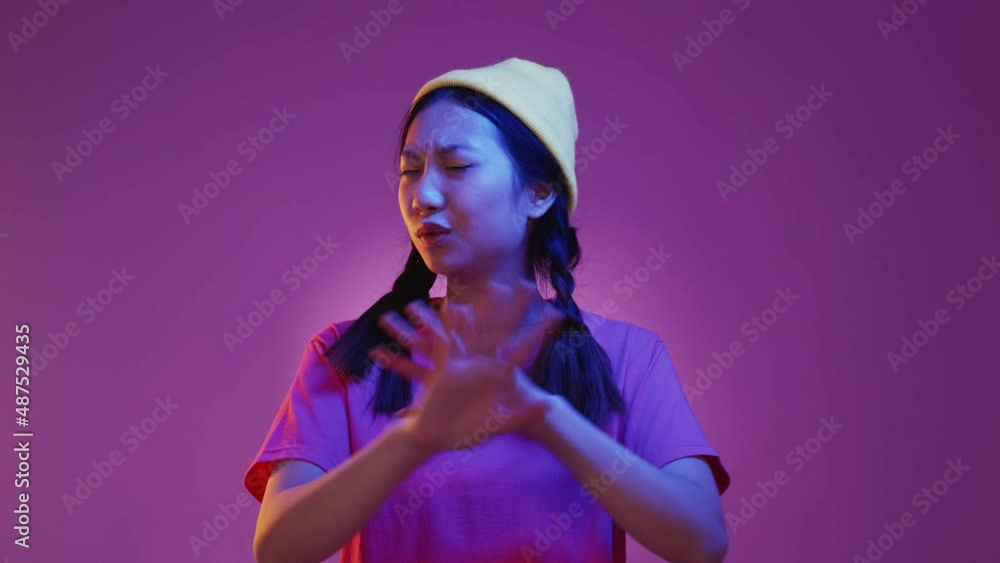 No rejection. Stop gesture. Negative answer. Refusing hipster woman ...