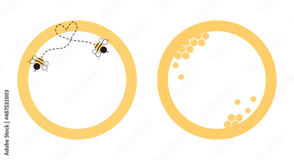 Set of honey circle frame signs with bee cartoons, heart dot line and ...
