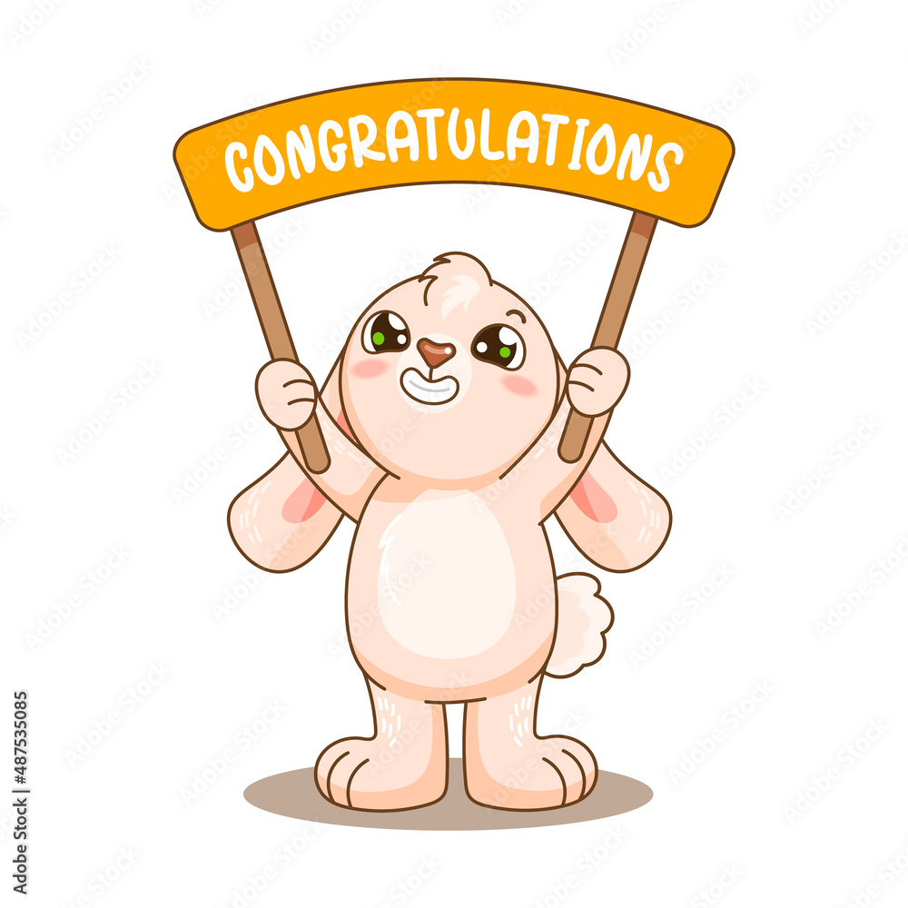 Smiley pink rabbit hold banner congratulations. Vector illustration for ...