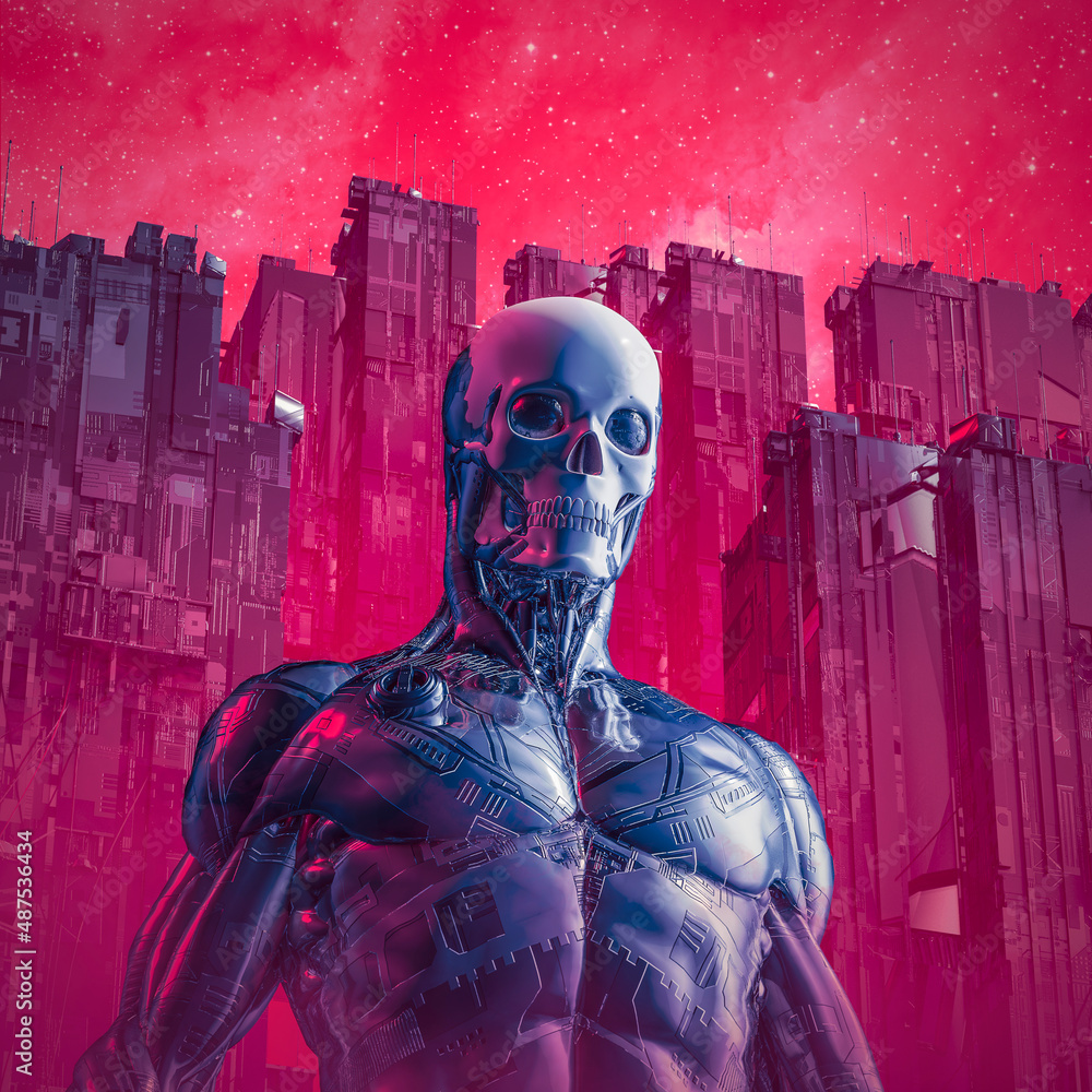 Cyberpunk death cyborg - 3D illustration of male science fiction skull ...