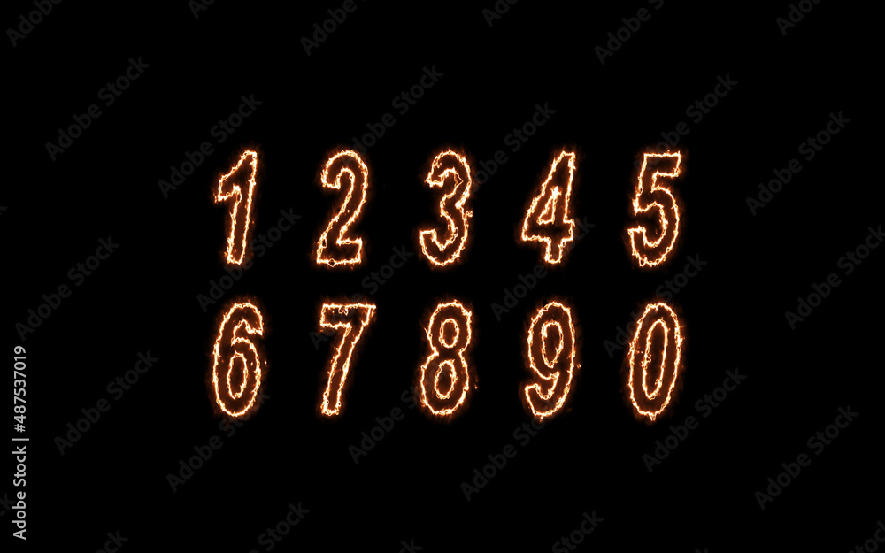Numbers Burning Outline with Solar Fire Effect . Orange Fiery Number ...