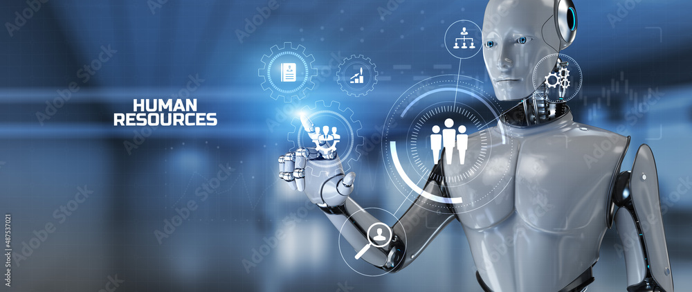 HR Human resources automation RPA. Robot pressing button on screen 3d ...