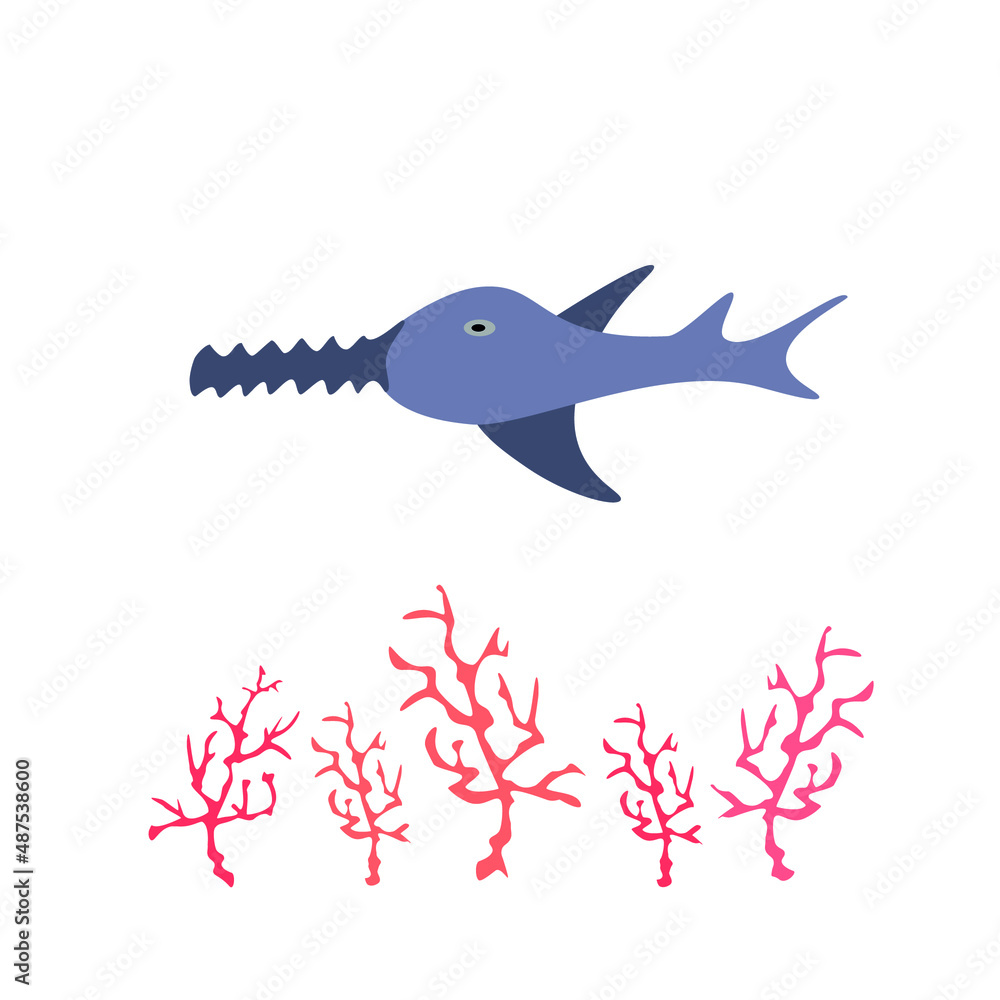 Cartoon sawfish and corals on a white background vector illustration ...