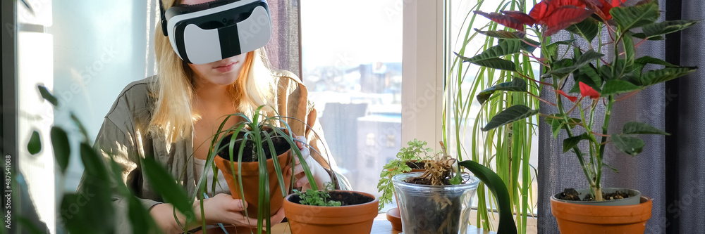 Gardening.Virtual world, metaverse.Girl planting flowers in immersive ...