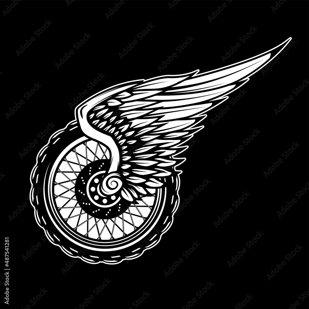 Winged wheel in monochrome style. Design element for logo, label, sign ...