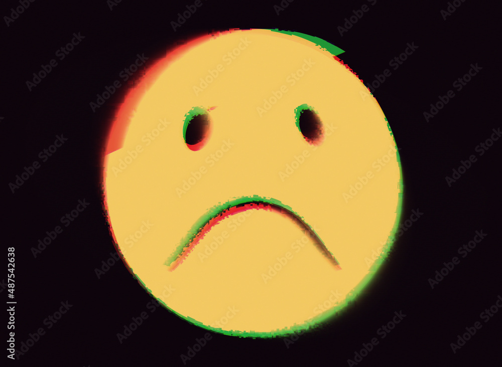 A sad goofy emoji (smile), drawn in a simple wide angle style (yellow ...