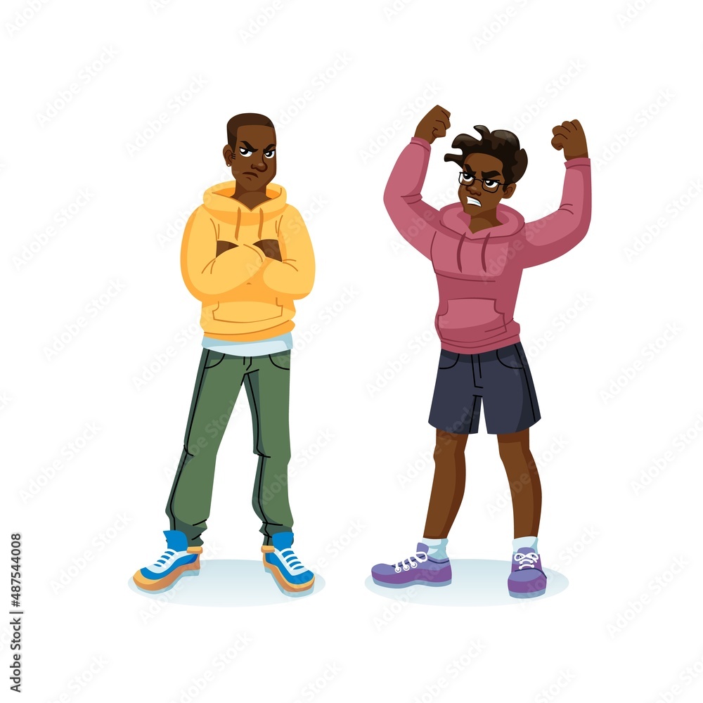 Vector cartoon flat black characters couple in aggressive mood-social ...
