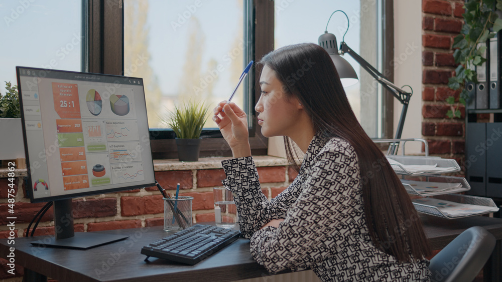 Pensive worker thinking about business strategy on computer in startup ...