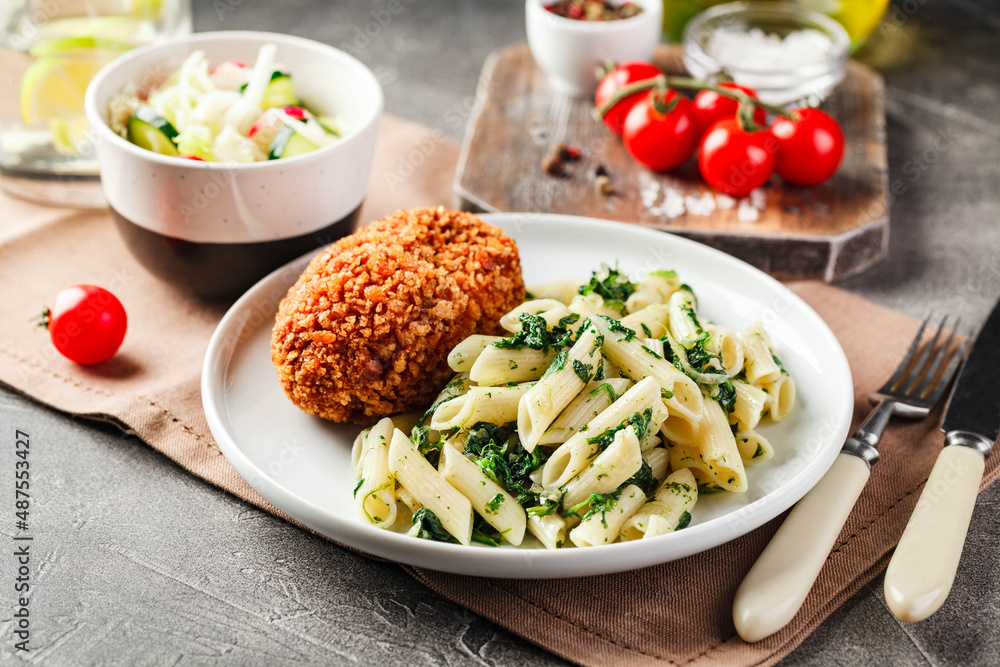 Dinner table with different dishes, set menu for nutritious healthy ...