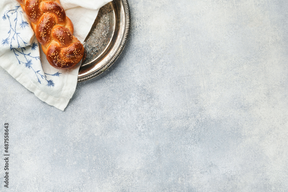 Sabbath kiddush ceremony composition. Challah bread. Freshly baked ...