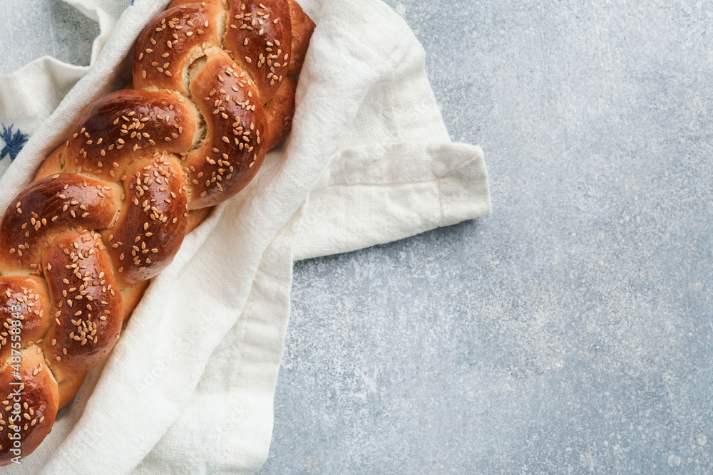 Sabbath kiddush ceremony composition. Challah bread. Freshly baked ...