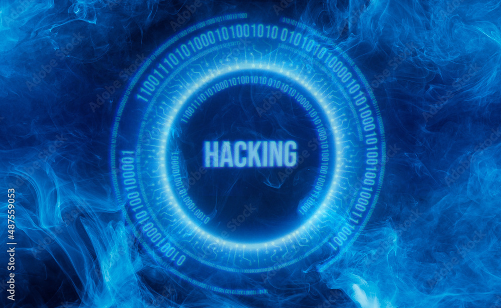 Neon color geometric circle with inscription hacking on dark smoke ...