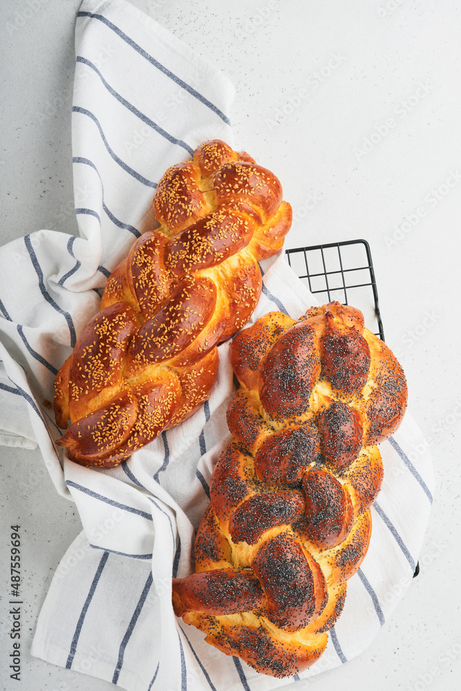 Challah bread. Sabbath kiddush ceremony composition. Freshly ...