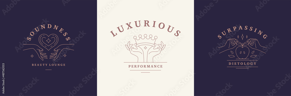 Feminine logos emblems design templates set with female hands and ...
