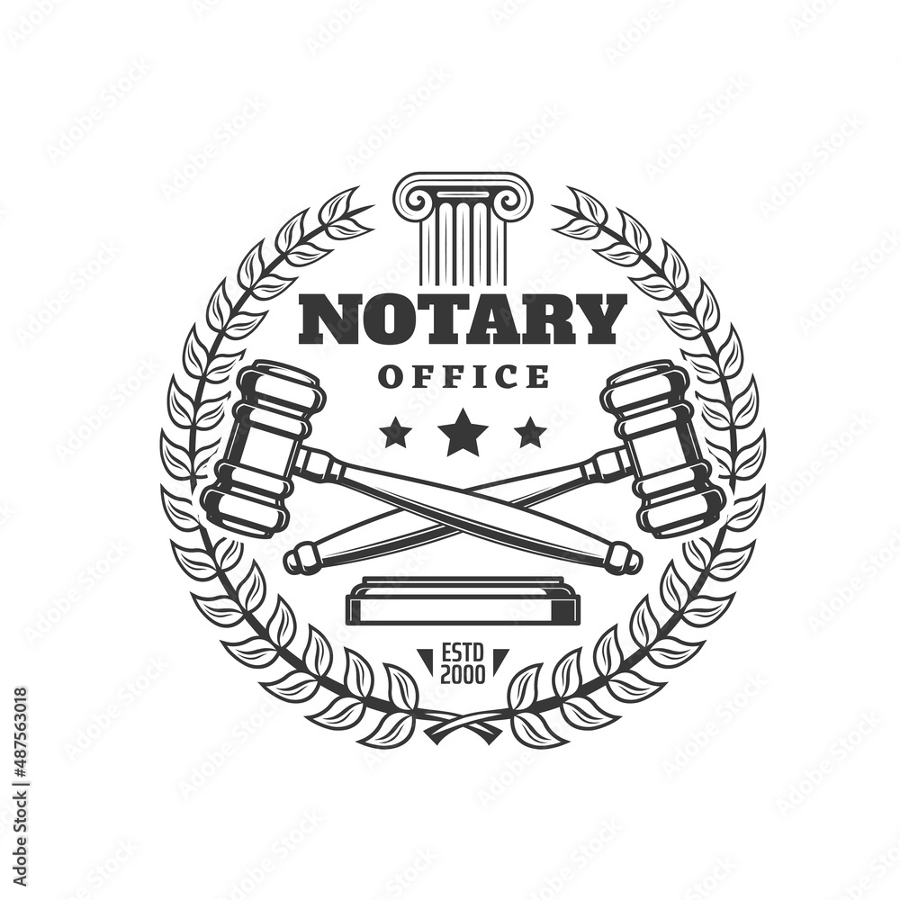 Notary heraldic icon of crossed vector judge gavels in laurel wreath ...