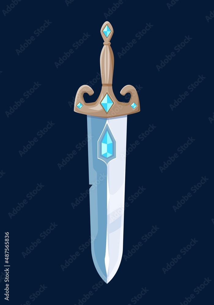 Magical cartoon sword blade with crystal. Fairytale knife, magic dagger ...