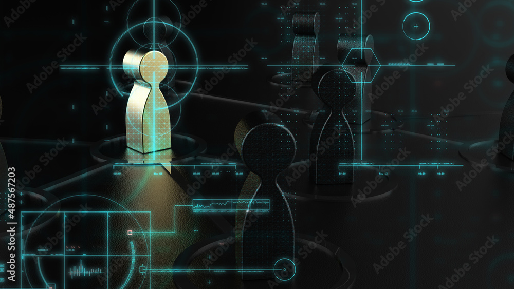 Chain of black human figurines connected by black lines with technology ...