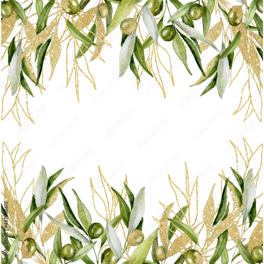 Olive Berries and Branches Frame, Watercolor Floral Rectangle Frame ...