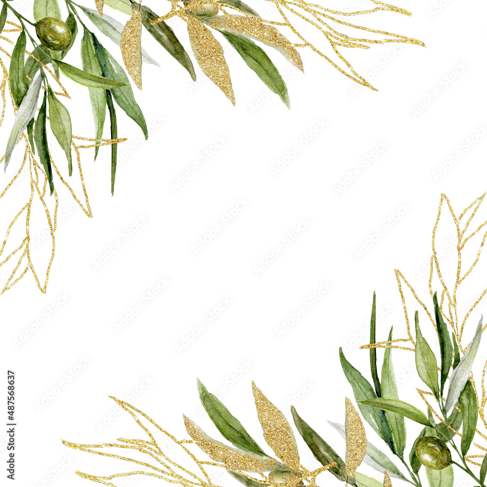 Watercolor Floral Corner with Olive branches, Gold Glitter Botanical ...